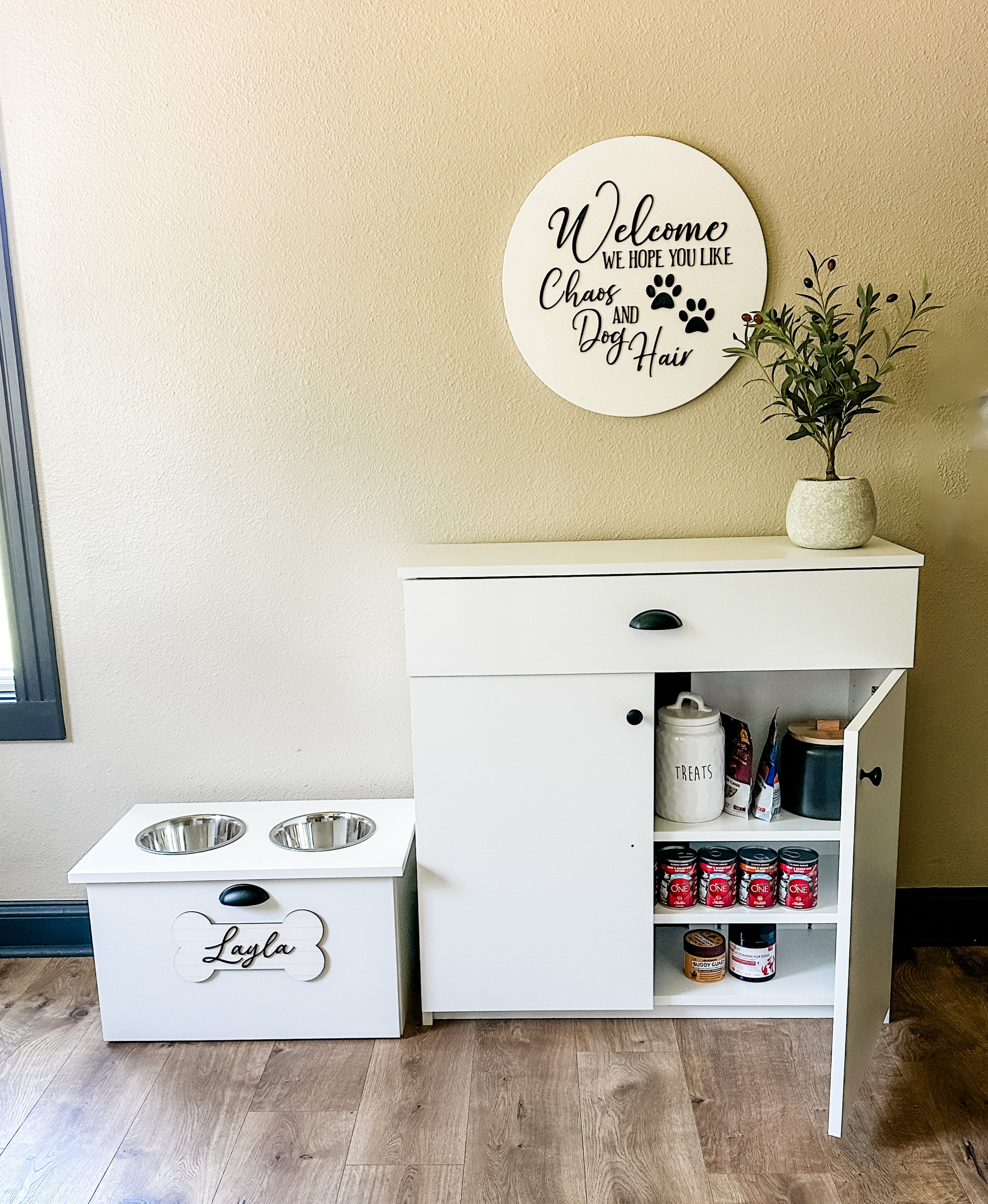 Counter tall pantry style pet food storage in white – The LoveMade Home