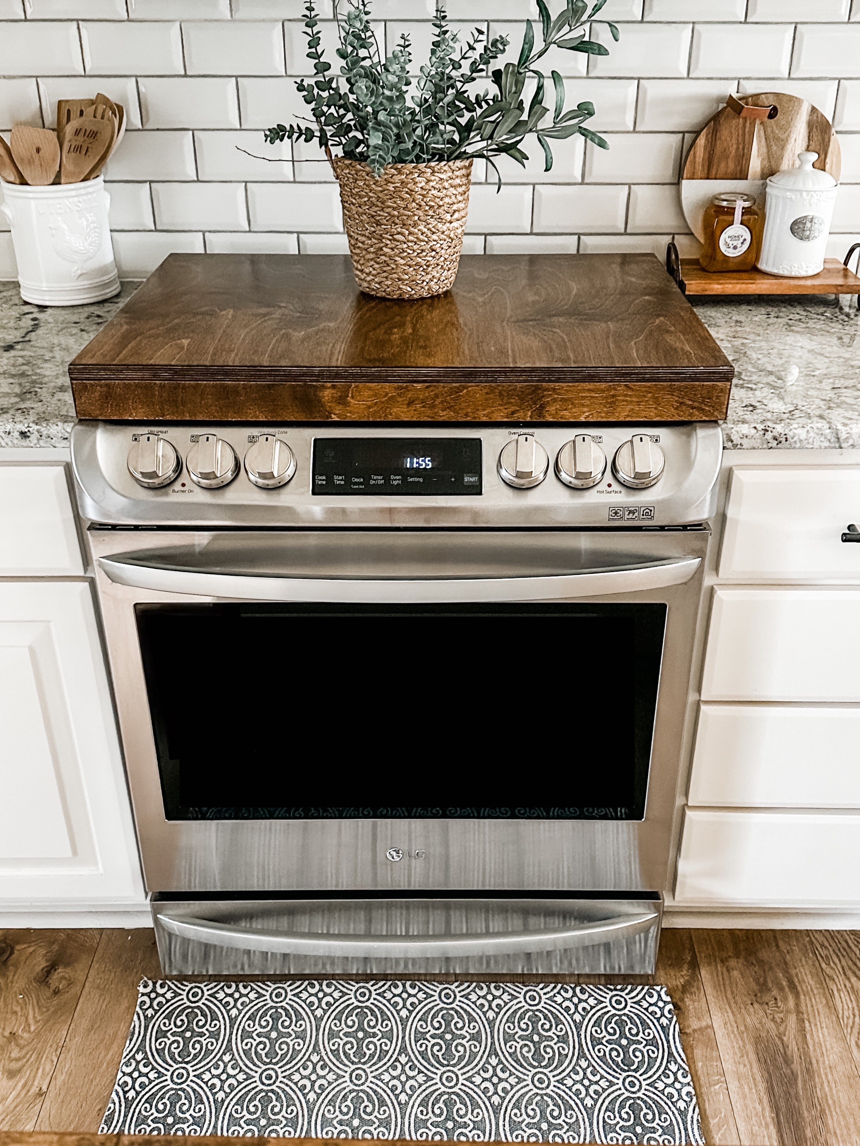 Clean and simple warm brown stove cover – The LoveMade Home
